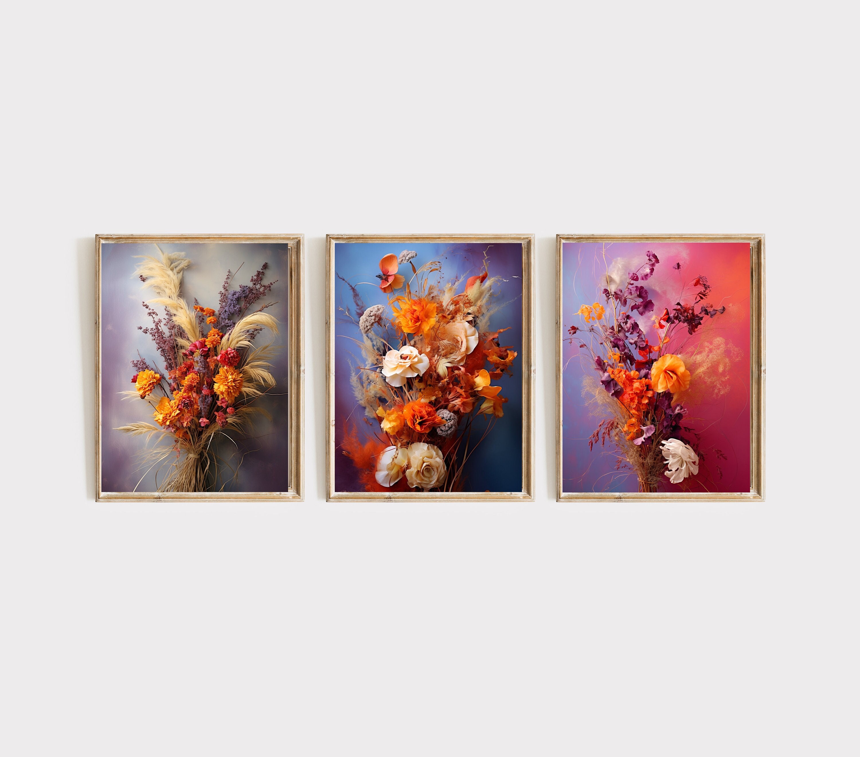 Dried Pressed Flower Art Set of 3 Neutral Muted Colors Watercolor ...