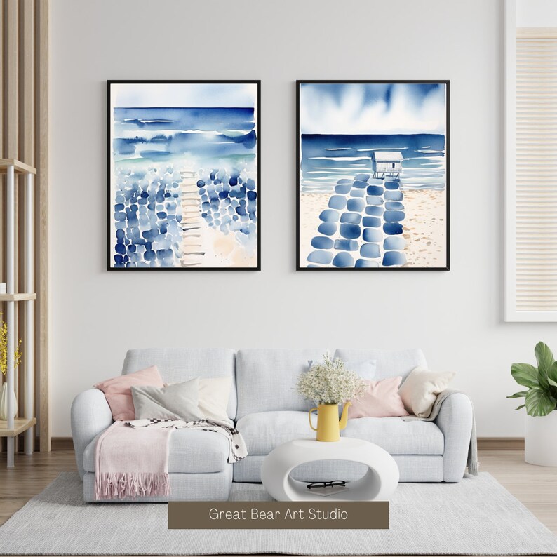 Navy Blue Beach House Watercolor Print, Coastal Landscape Art (digital ...