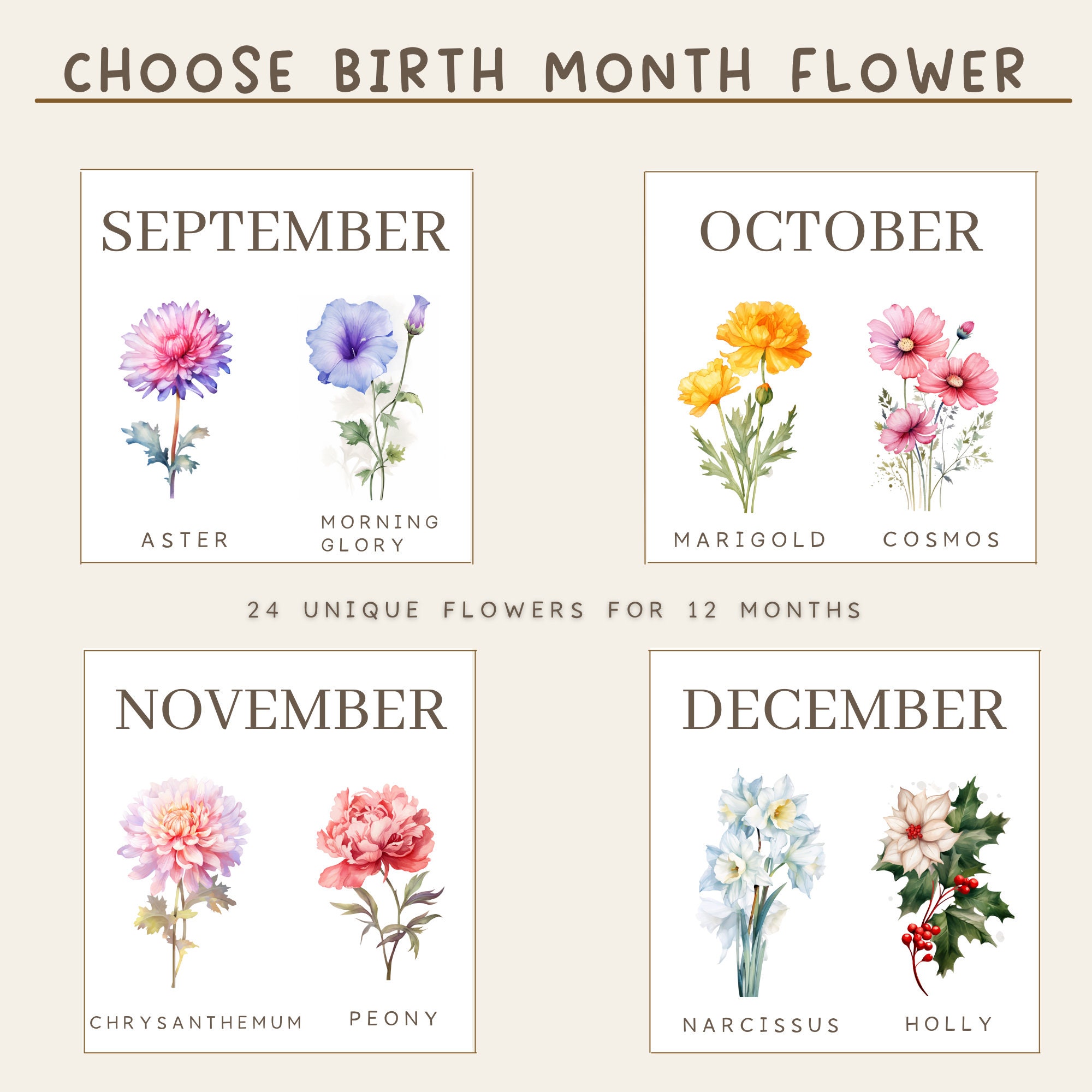 Custom Birth Flower Watercolor Print Mother's Day Boho Flower Family ...