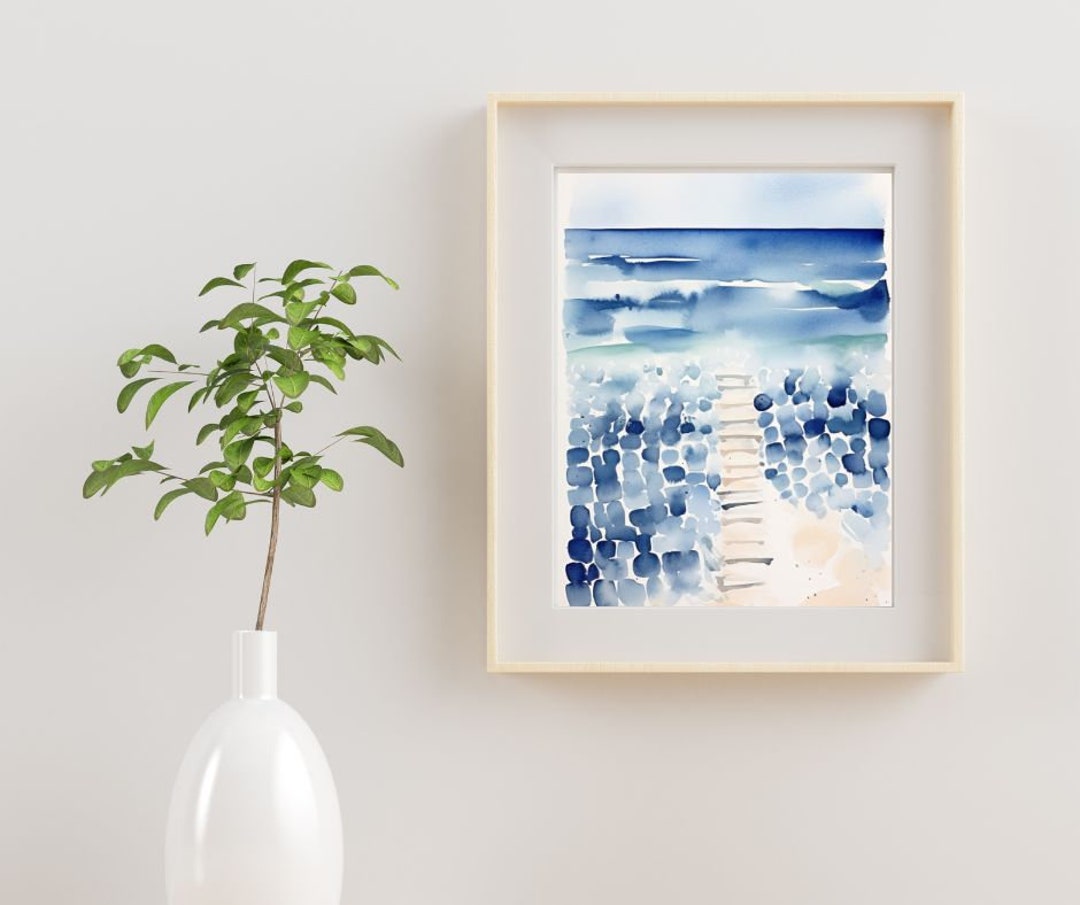 Navy Blue Beach House Watercolor Print, Coastal Landscape Art (digital ...