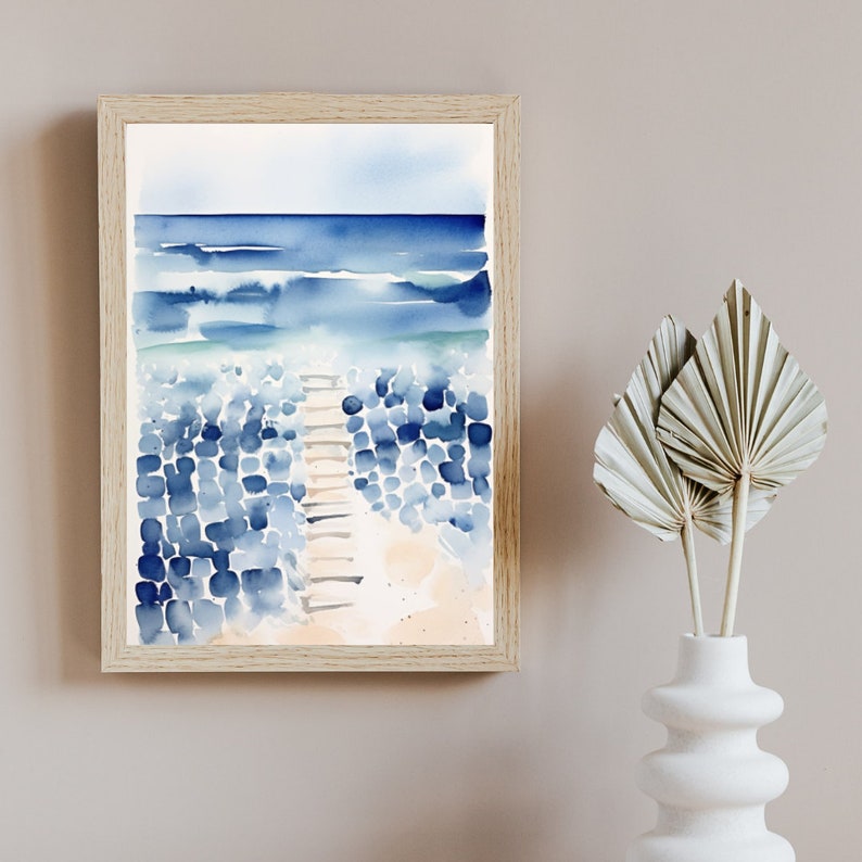 Navy Blue Beach House Watercolor Print, Coastal Landscape Art (digital ...