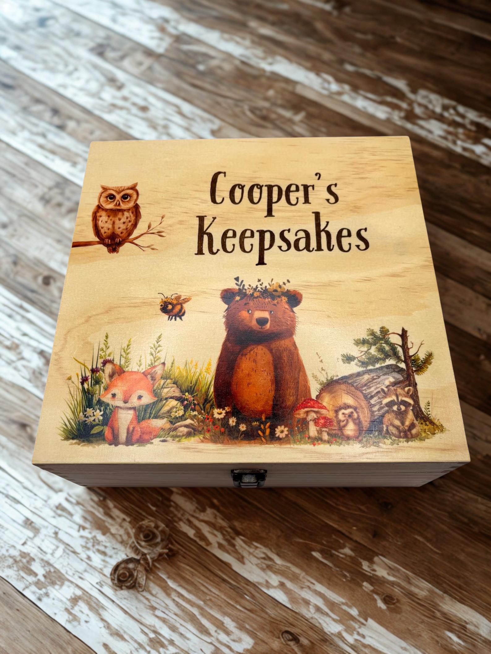 Baby Keepsake Box: Personalized Woodland Animal Design, Engraved Wood ...