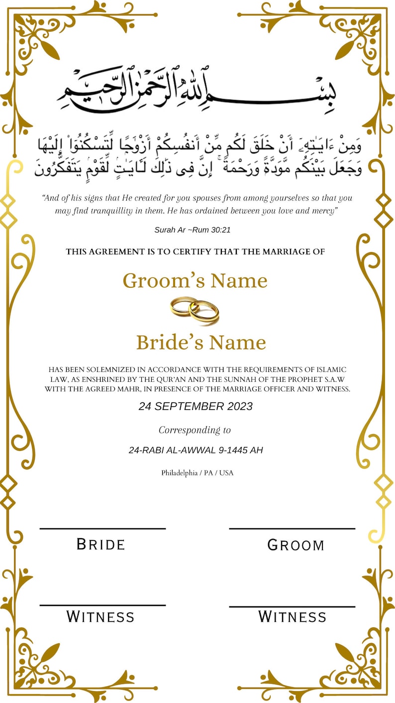 Nikkah Signature Contract Certificate - Etsy