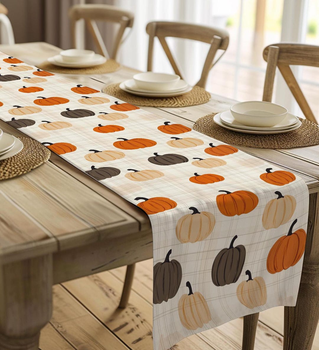 Fall Harvest Plaid Pumpkin Table Runner (cotton or Poly), Made to Order Pressed Table Runner ...