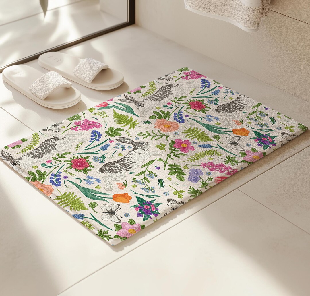 Colorful Version of Our Toile Easter Rabbit Bath Mat, Spring Kitchen ...