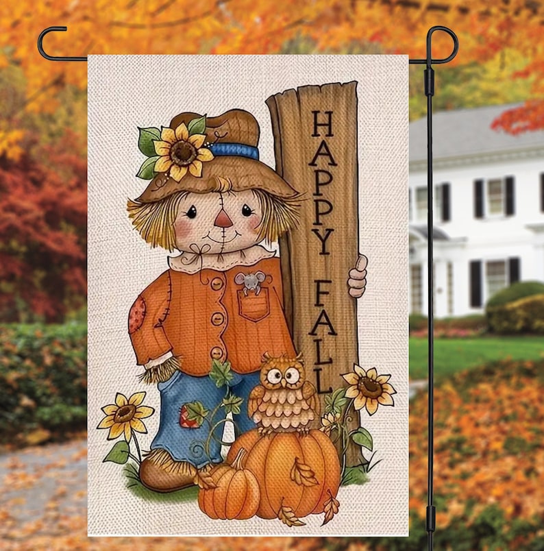 Double Sided Welcome Flag, Autumn Fall Harvest, Adorable Cute Scarecrow ...
