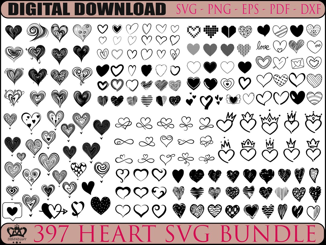 397 Heart Svg Bundle , HEART Doodle Svg, Heart Svg Cut Files for Cricut ...