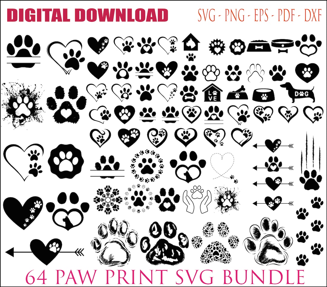 64 Paw Print Svg Bundle, Paw Heart Svg, Dog Paw Svg, Paw Svg, Dog Mom ...