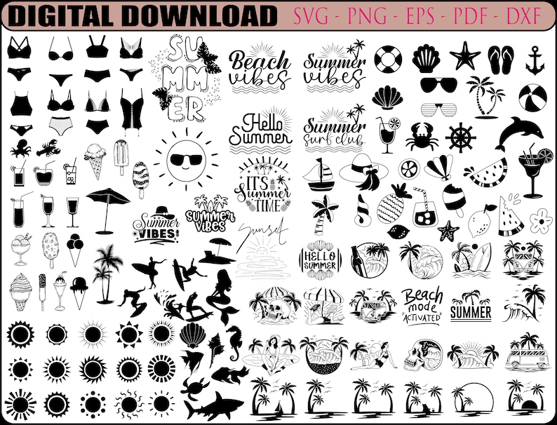 Summer Svg Bundle, Beach Clipart Svg Bundle, Summer Svg, Palm Tree Svg ...