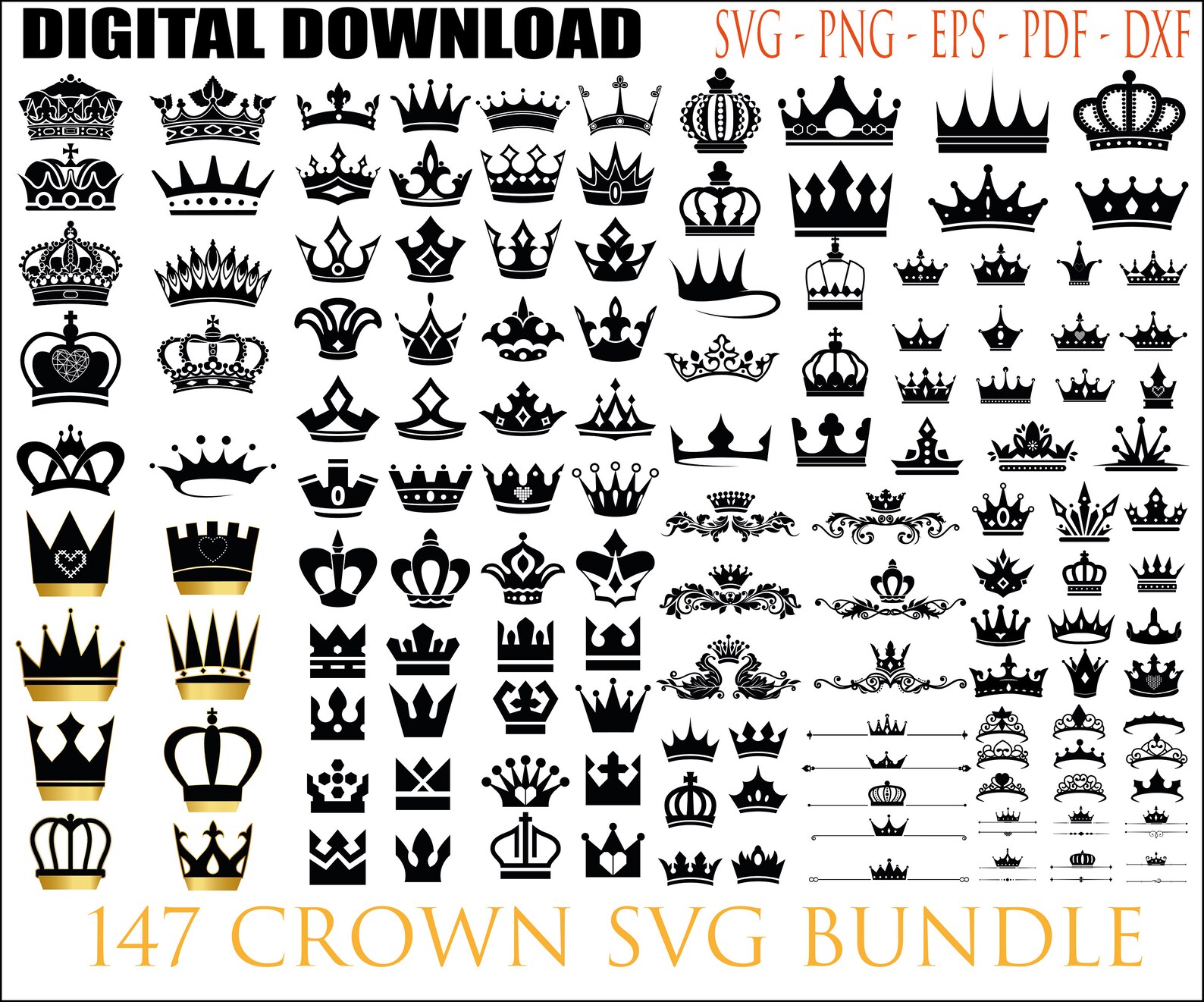 147 Crown SVG Bundle, Crown PNG Bundle, Royal Crown SVG, Princess Tiara ...