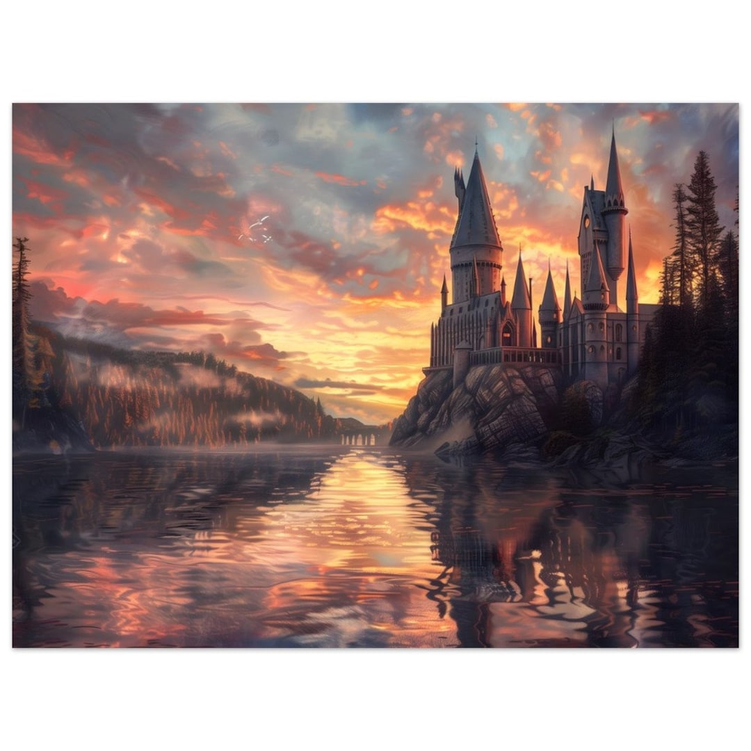 Enchanting Wizarding World Castle Sunset Oil Painting Wall Art. Cozy ...