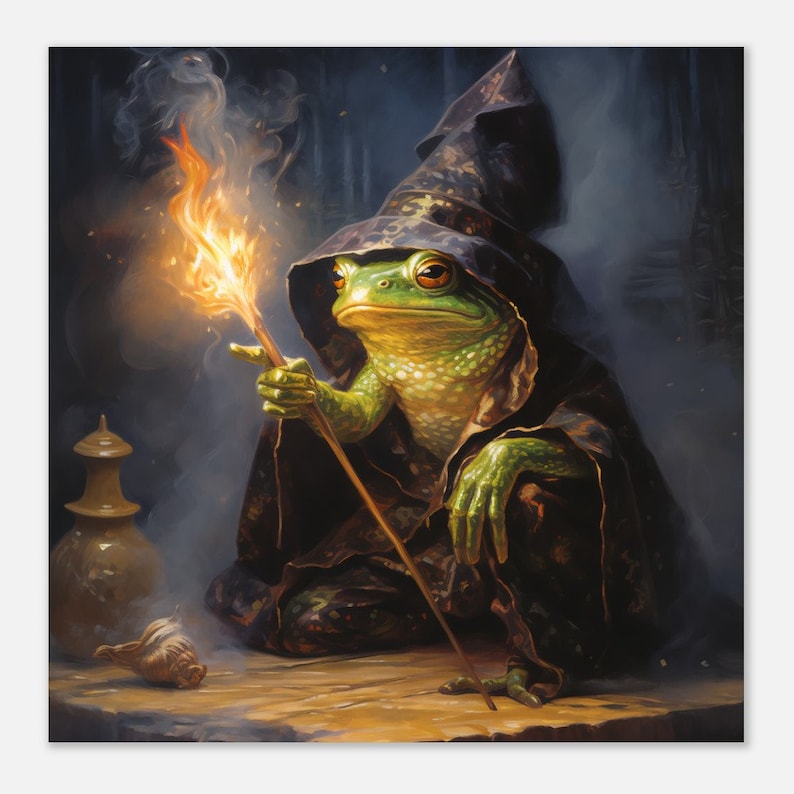 Mystical Frog Wizard Fire Staff Oil Painting Art Print. Cottagecore ...