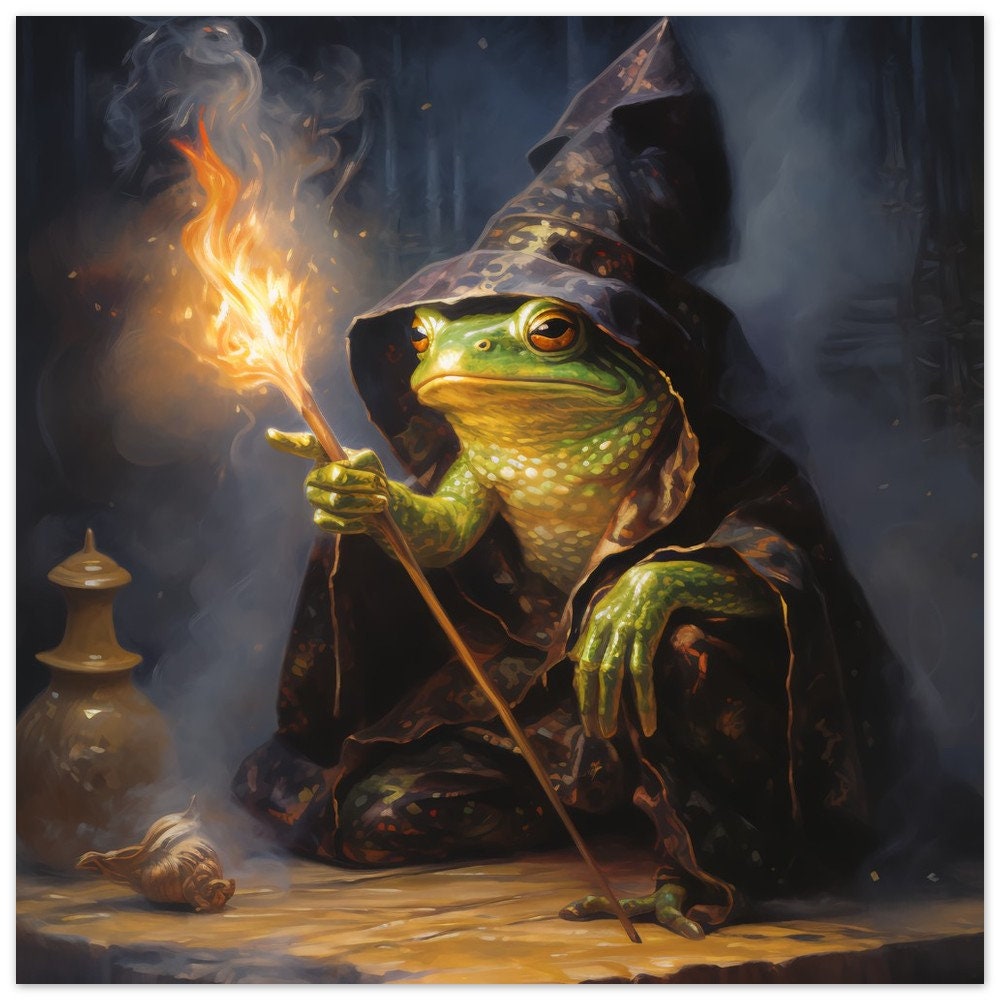 Mystical Frog Wizard Fire Staff Oil Painting Art Print. Cottagecore ...