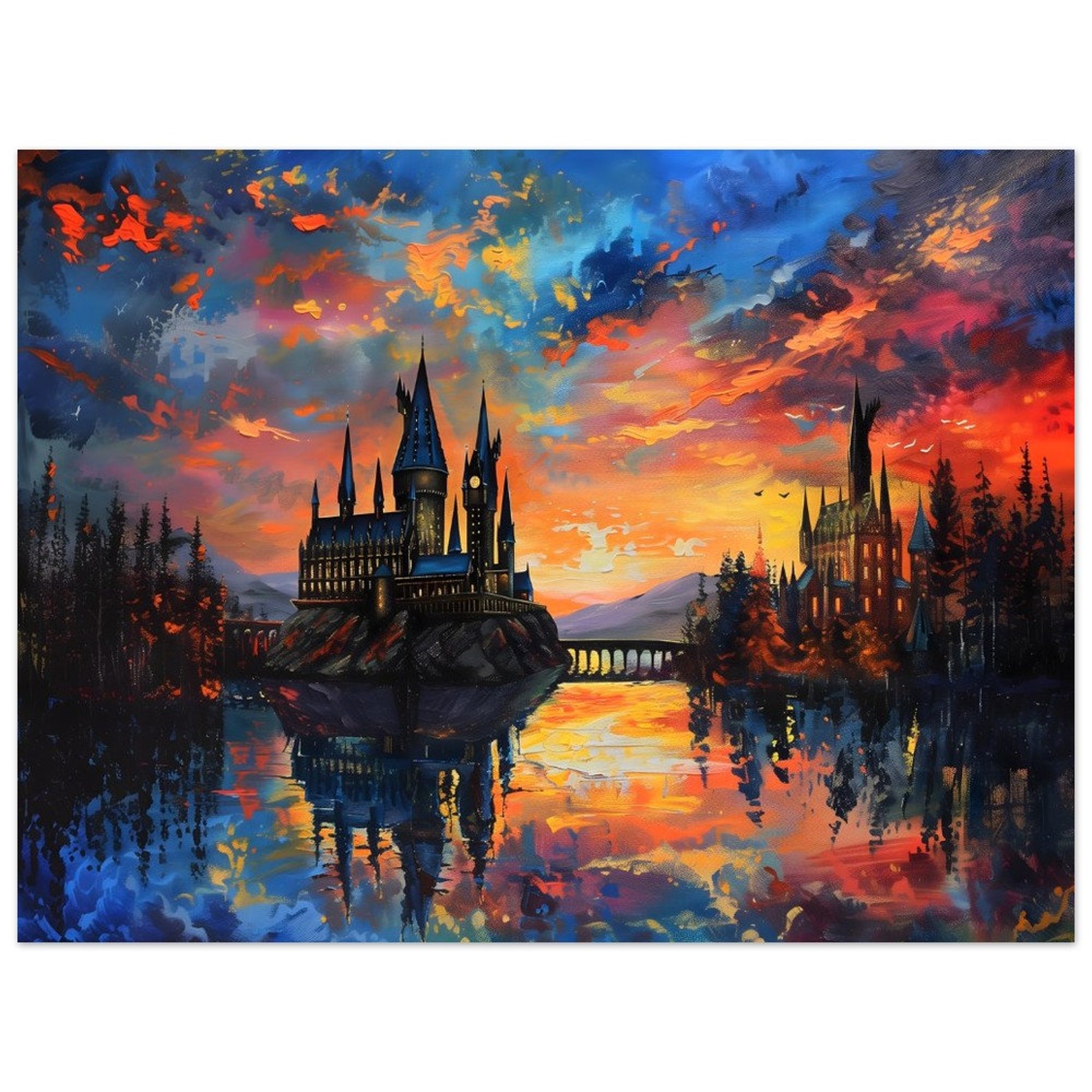 Bright Wizarding World Castle Sunset Painting Nature Wall Art Print ...