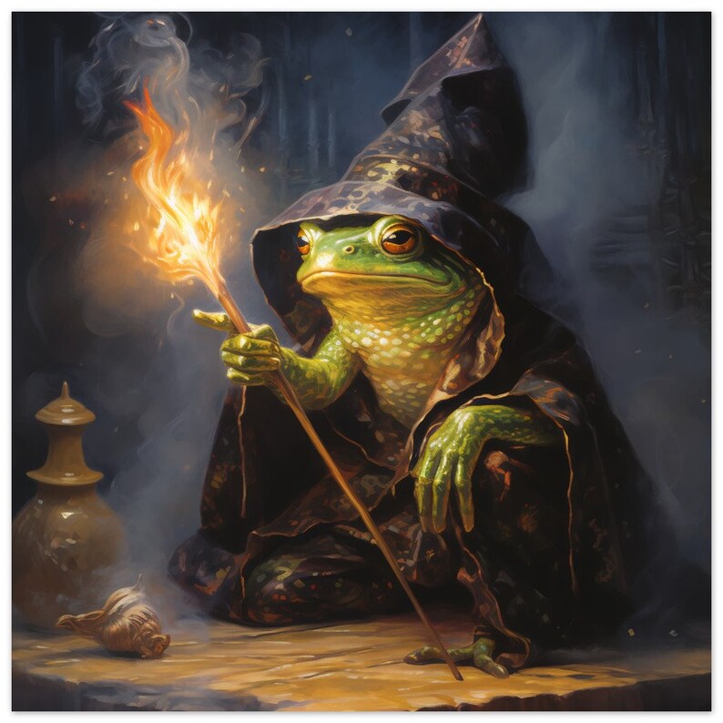 Mystical Frog Wizard Fire Staff Oil Painting Art Print. Cottagecore ...