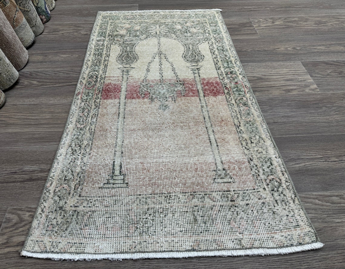 2x4 Pink Green Faded Yellow Turkish Rug, Handmade Vintage Wool Rug, 2x4 ...