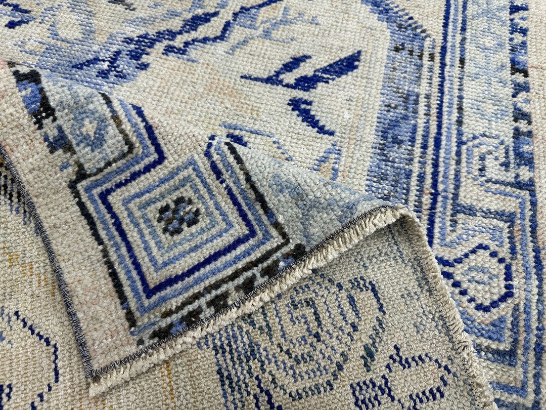 3x5 Beige Blue Turkish Rug, Handmade Vintage Rug, Oushak Rug, 3x5 Wool ...