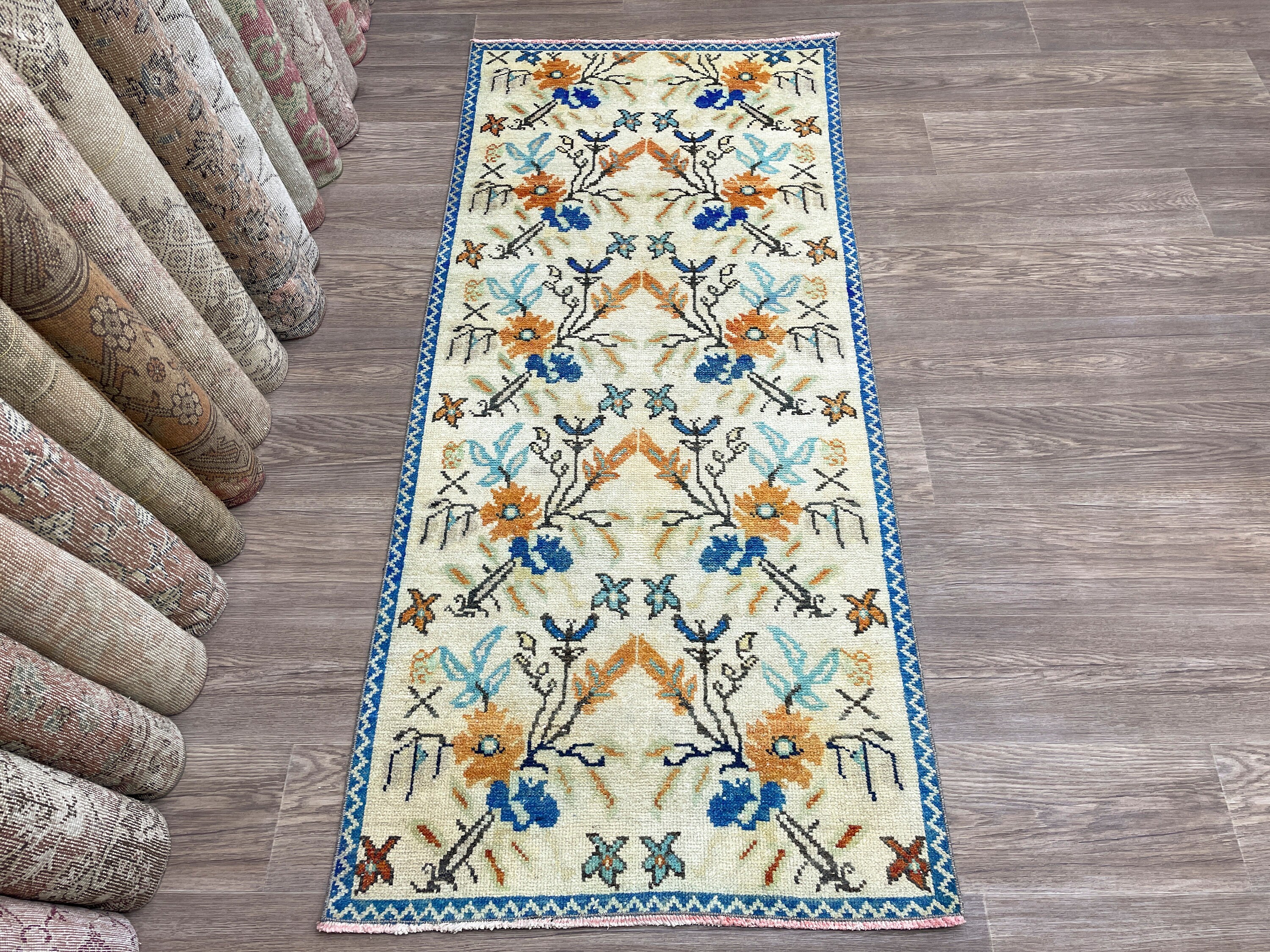 3x6 Beige Blue Orange Turkish Runner Rug, 3x6 Floral Vintage Oushak ...