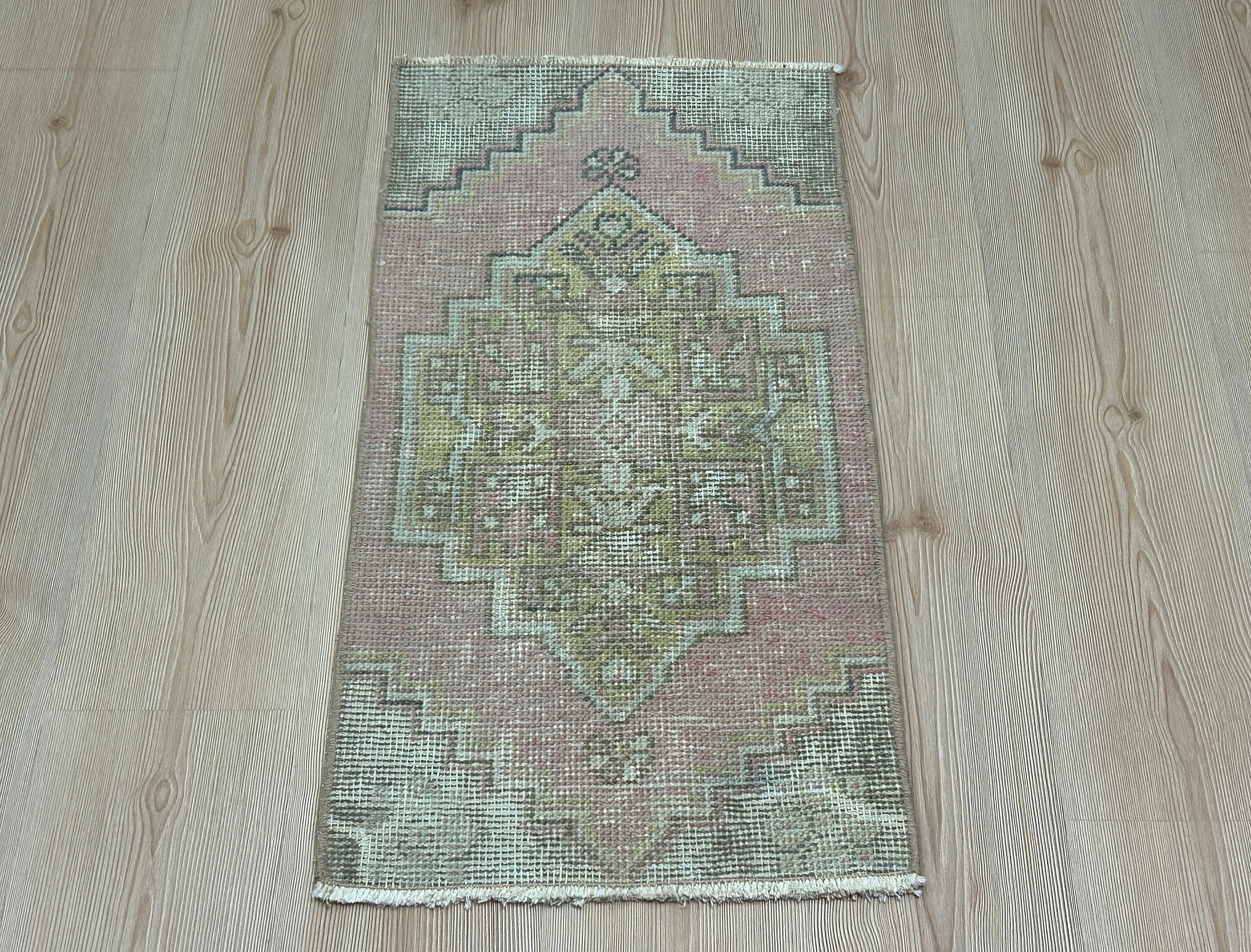 Faded Pink Green Turkish Door Mat, Handmade Vintage Oushak Door Mat ...