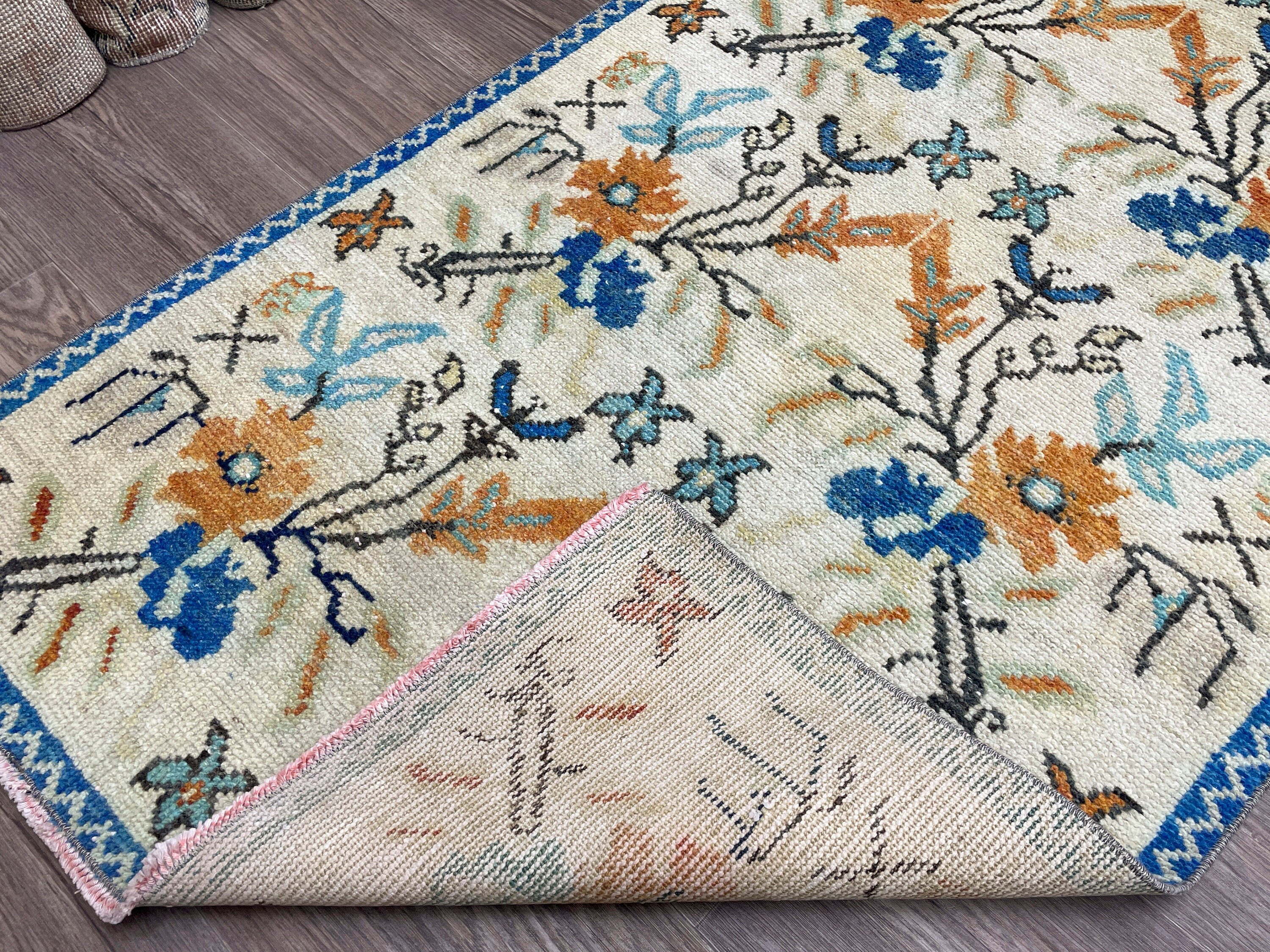 3x6 Beige Blue Orange Turkish Runner Rug, 3x6 Floral Vintage Oushak ...