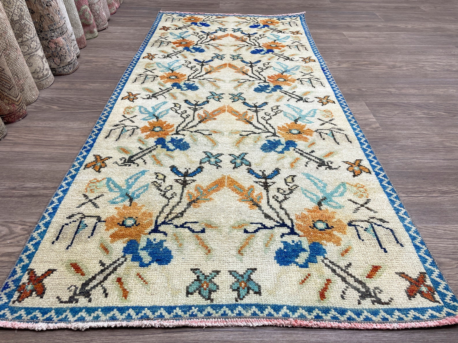 3x6 Beige Blue Orange Turkish Runner Rug, 3x6 Floral Vintage Oushak ...