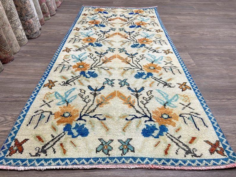 3x6 Beige Blue Orange Turkish Runner Rug, 3x6 Floral Vintage Oushak ...