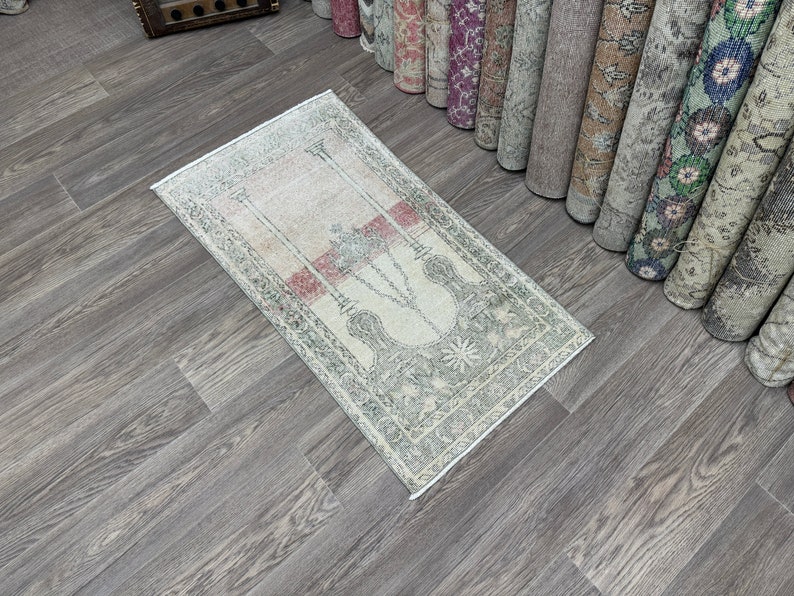 2x4 Pink Green Faded Yellow Turkish Rug, Handmade Vintage Wool Rug, 2x4 ...