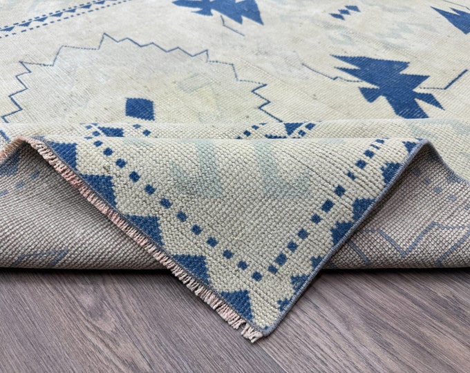6x8 Beige Blue Turkish Rug, Handmade Vintage Natural Wool Rug, 6x8 ...