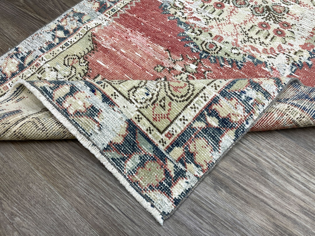 3x6 Red Blue Distressed Vintage Turkish Runner, Hand-knotted Wool Rug ...