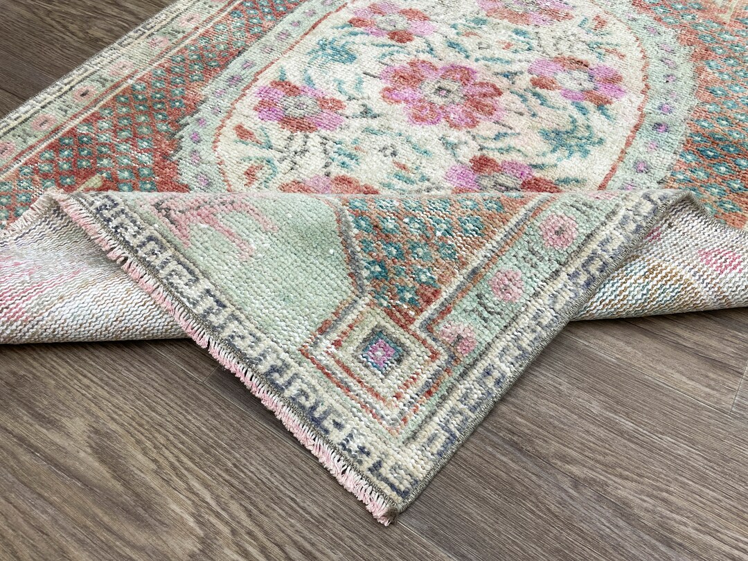 3x4 Green Pink Red Turkish Rug, 3x4 Handmade Vintage Rug, Natural Wool ...