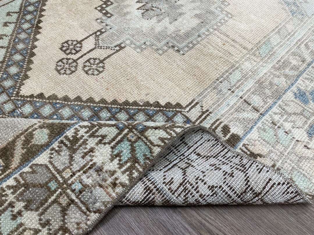 3x6 Neutral Beige Blue Brown Turkish Runner Rug, 3x6 Handmade Vintage ...