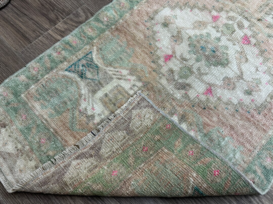 2x3 Faded Pink Green Turkish Rug, 2x3 Handmade Door Mat, Natural Wool ...