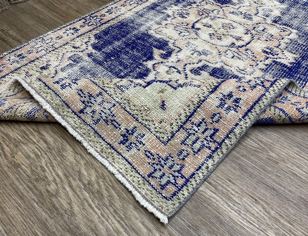 3x5 Navy Blue Pink Vintage Turkish Rug, Hand-knotted Small Oushak Rug ...