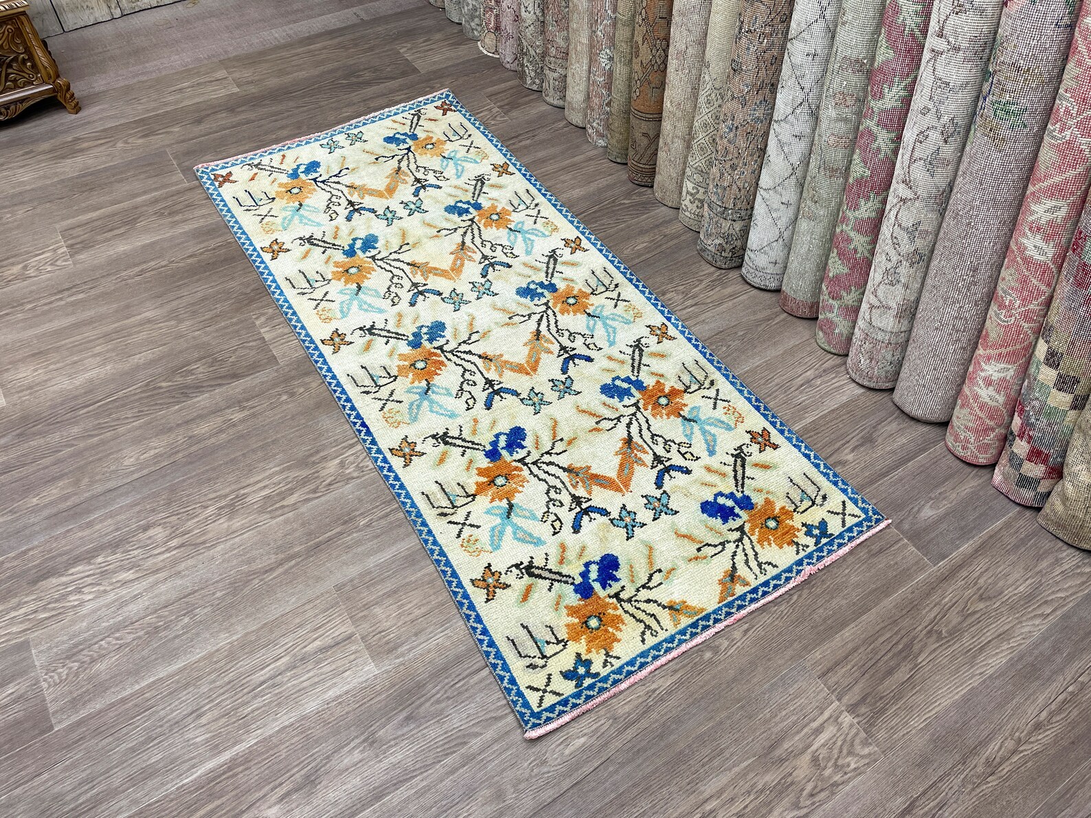 3x6 Beige Blue Orange Turkish Runner Rug, 3x6 Floral Vintage Oushak ...