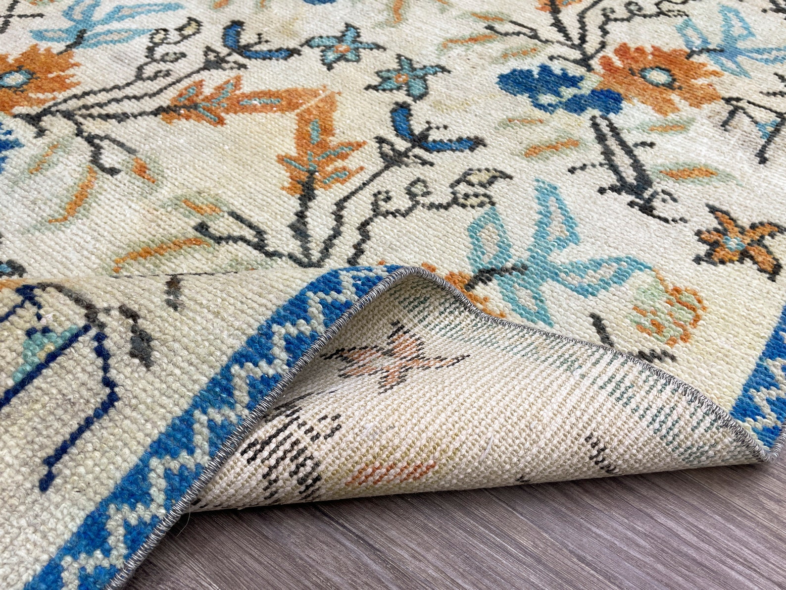 3x6 Beige Blue Orange Turkish Runner Rug, 3x6 Floral Vintage Oushak ...