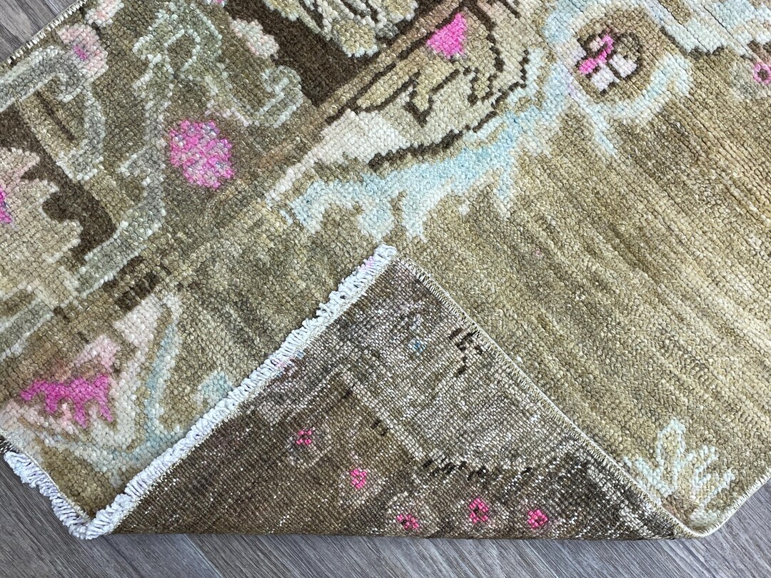 2x4 Vintage Small Turkish Rug, Brown Pink Floral Oushak Rug, Handmade ...