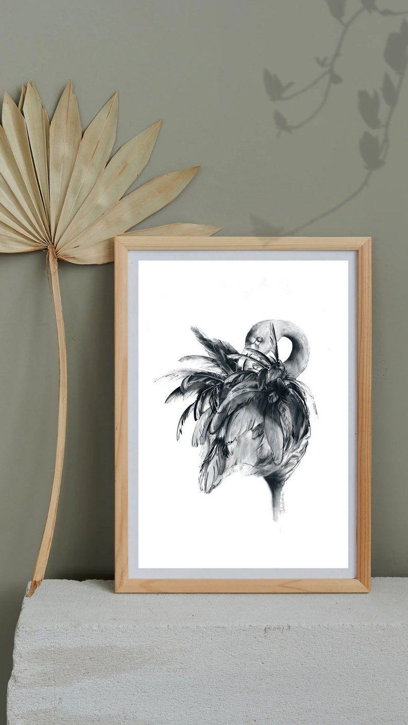 Printable Poster Flamingo Illustration, Bird Preening Feathers, Pencil ...