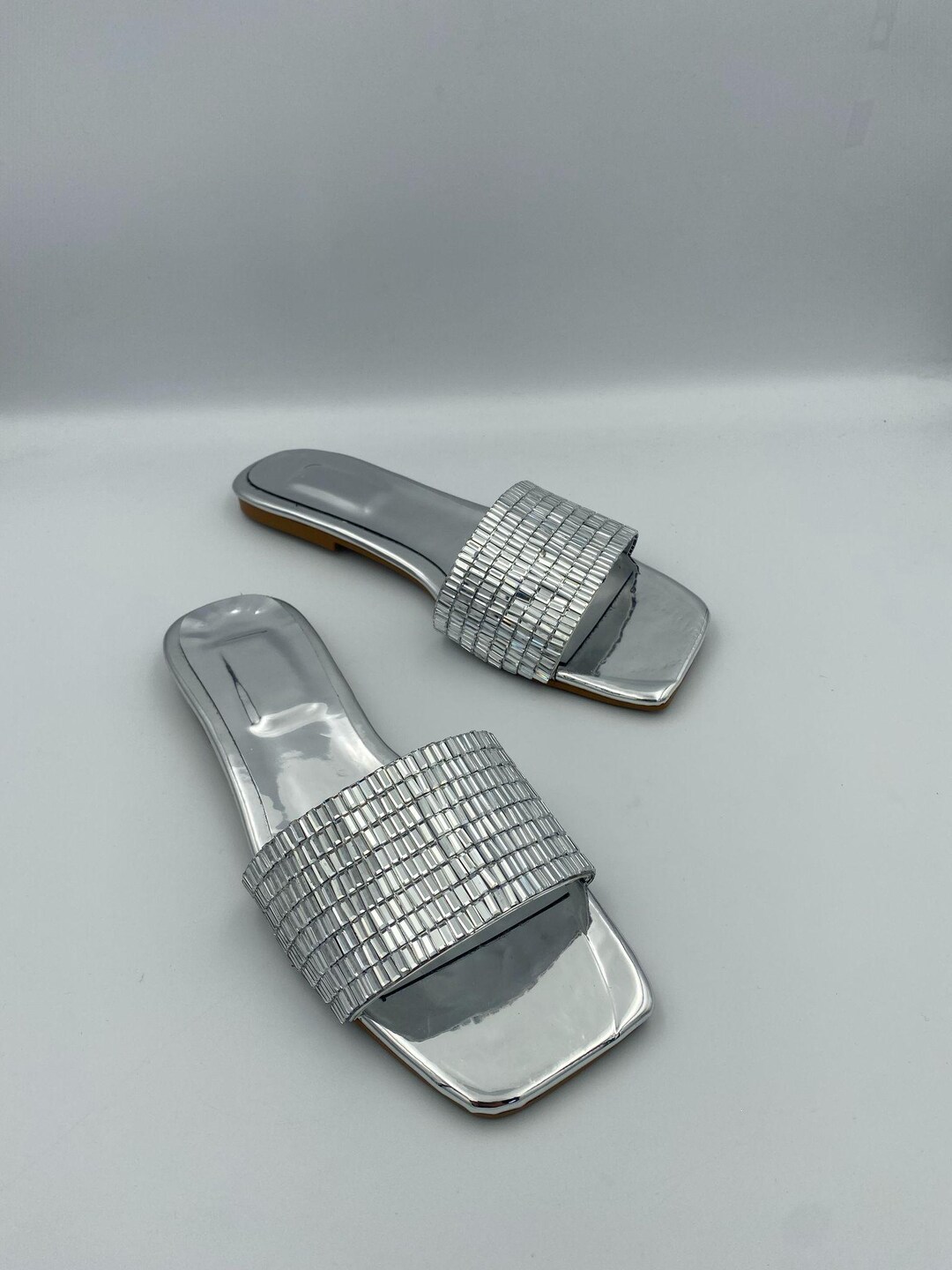 Silver Slide Sandals – Rhinestone Embellished Flat Slippers for Women ...