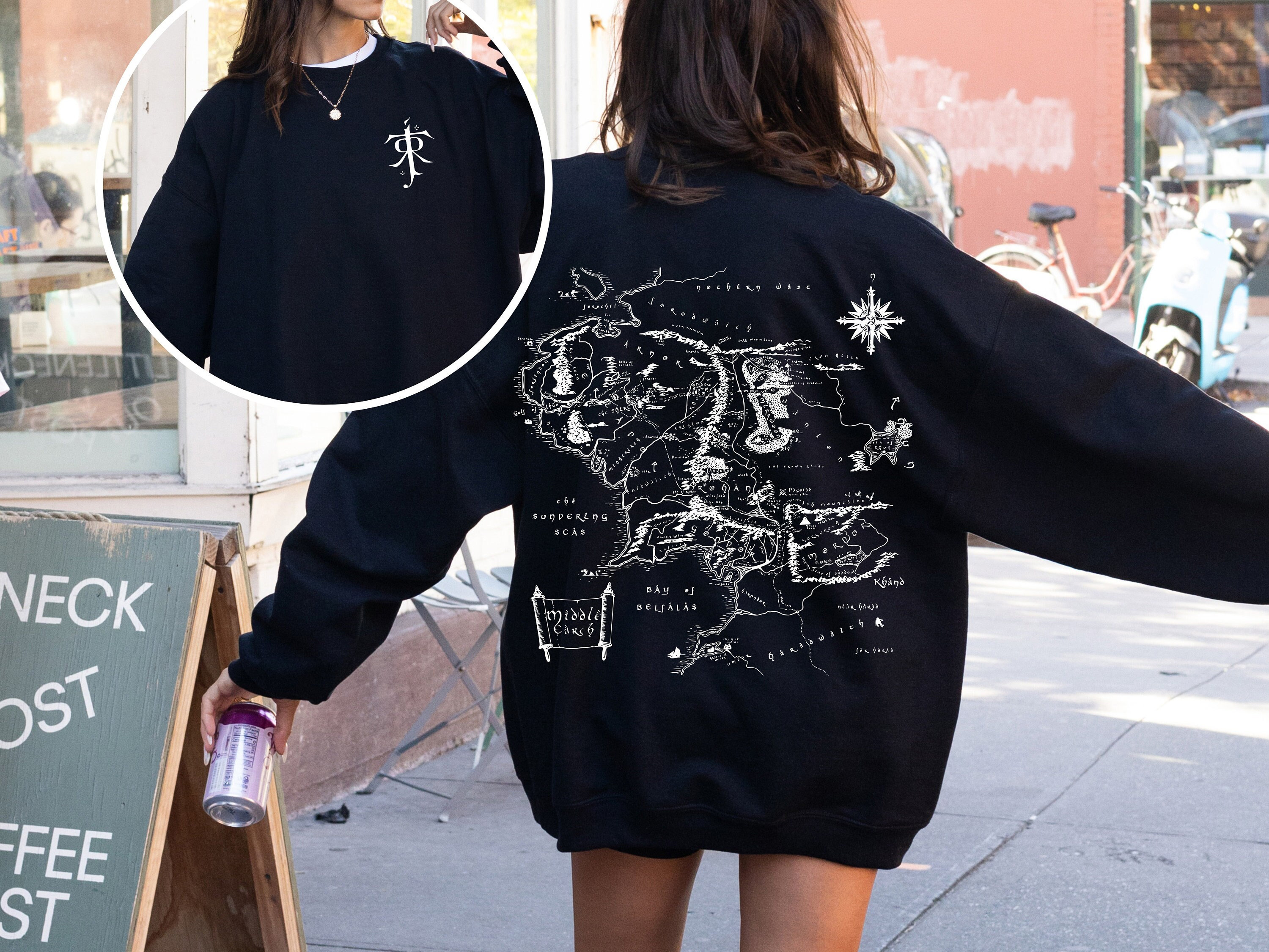 JRR Tolkien LOTR Middle Earth Map Sweatshirt pocket Design Lord of the ...