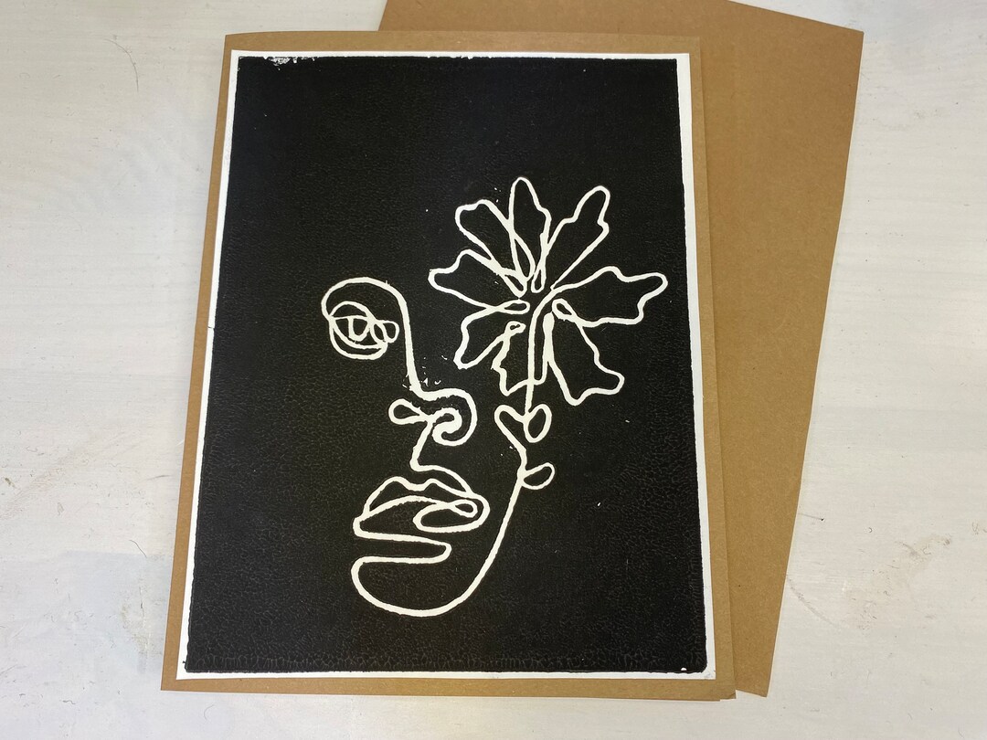 Card Handmade Linocut Face and Flower for All Celebrations Linocut ...