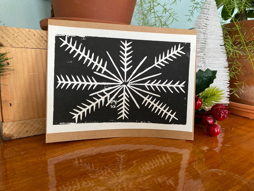 Handmade Gift Card, Linocut Print, Snowflake Linocut Print, Thank You ...