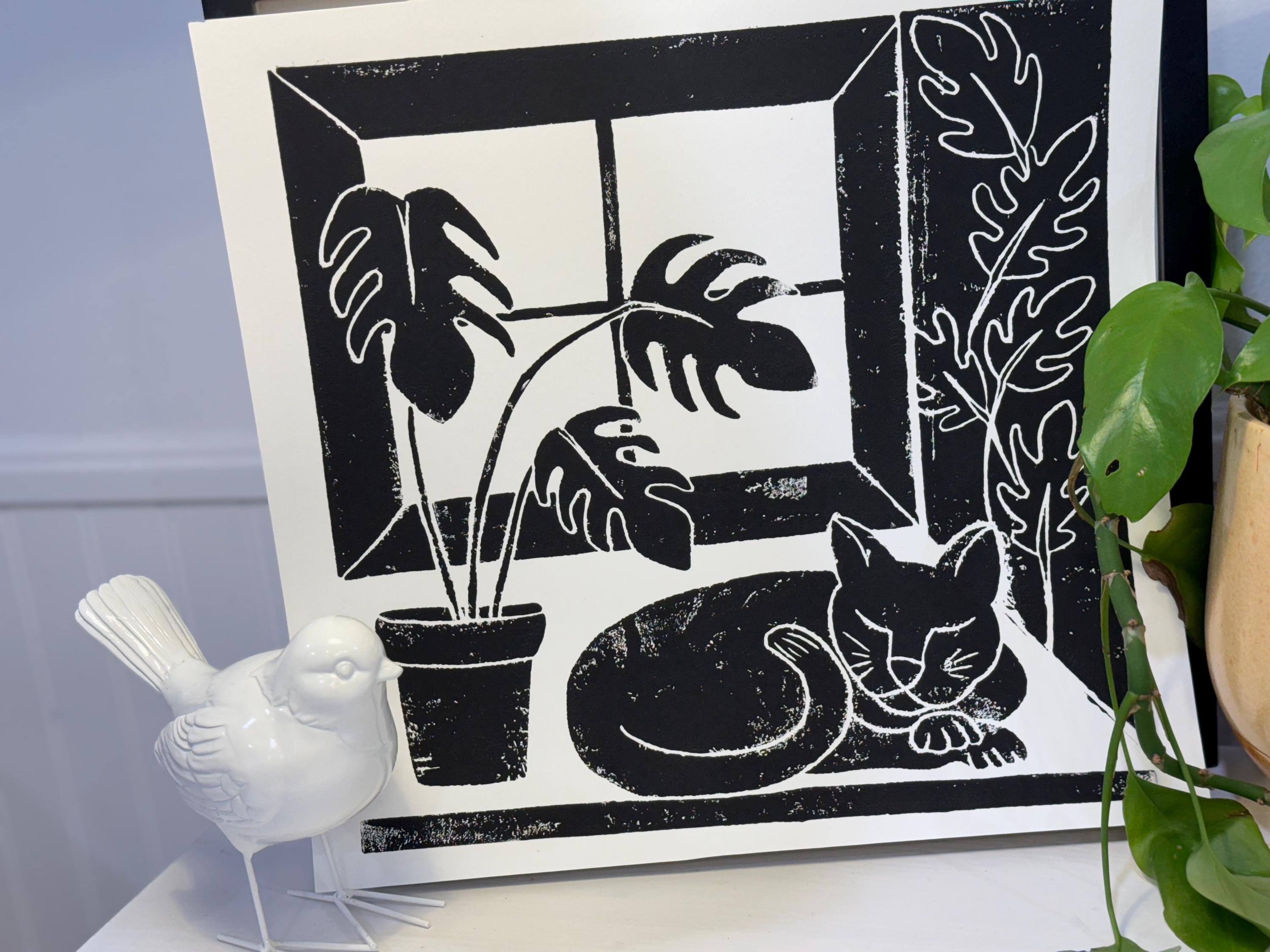 Handmade Linocut Cat Print, Cat Art, Cat Relief Print, Lino Print, Gift ...