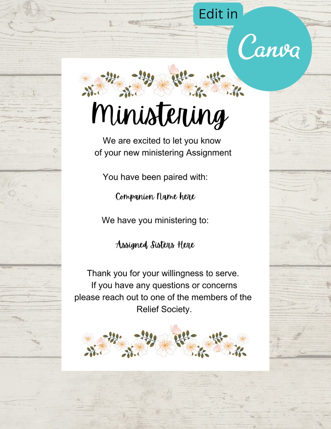 Editable LDS Ministering Assignment Card for Relief Society - Etsy