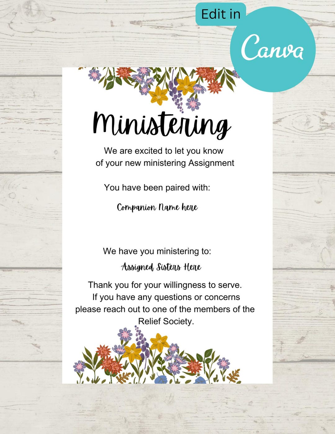 Editable LDS Ministering Assignment Card for Relief Society - Etsy