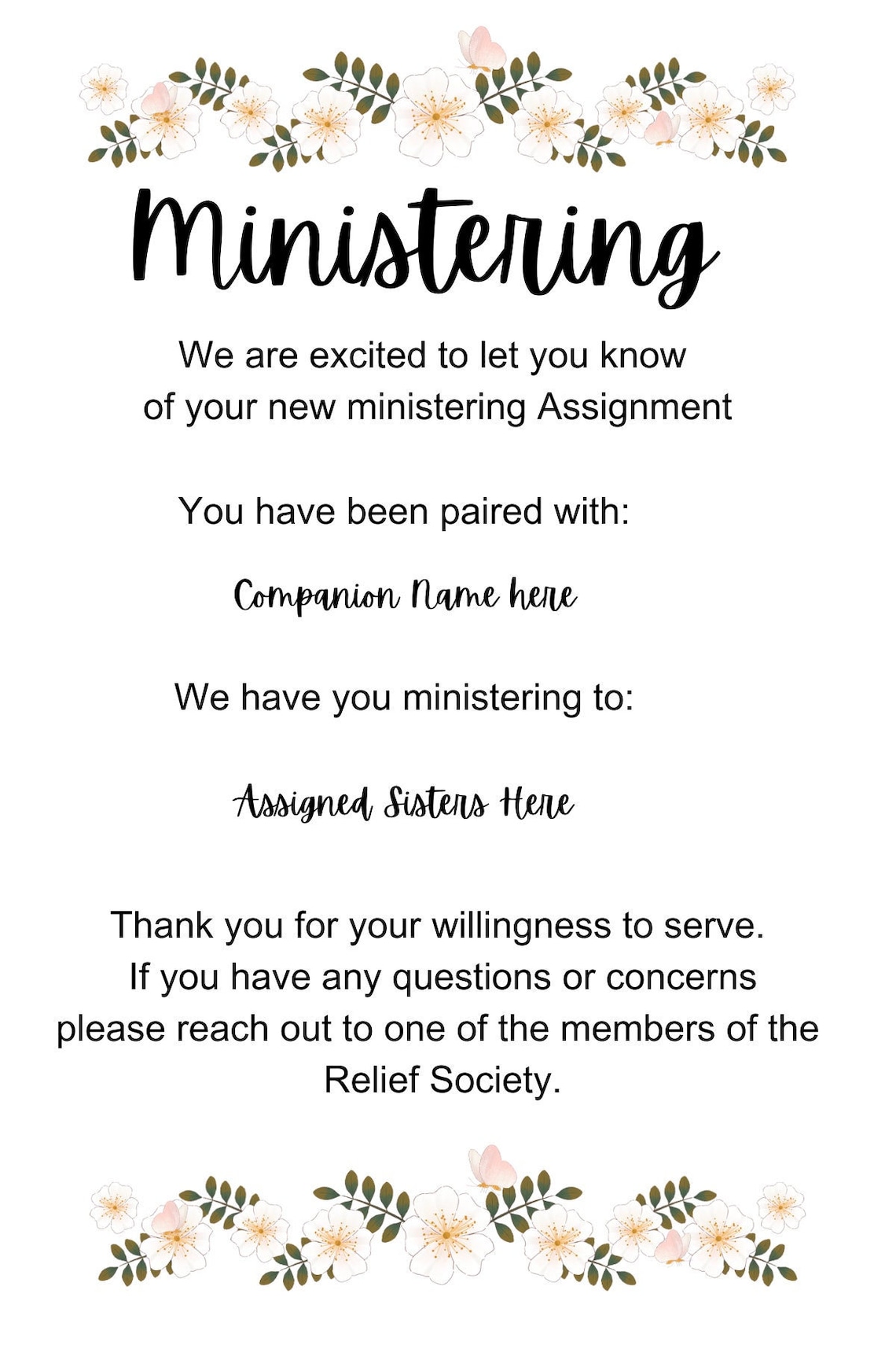 Editable LDS Ministering Assignment Card for Relief Society - Etsy