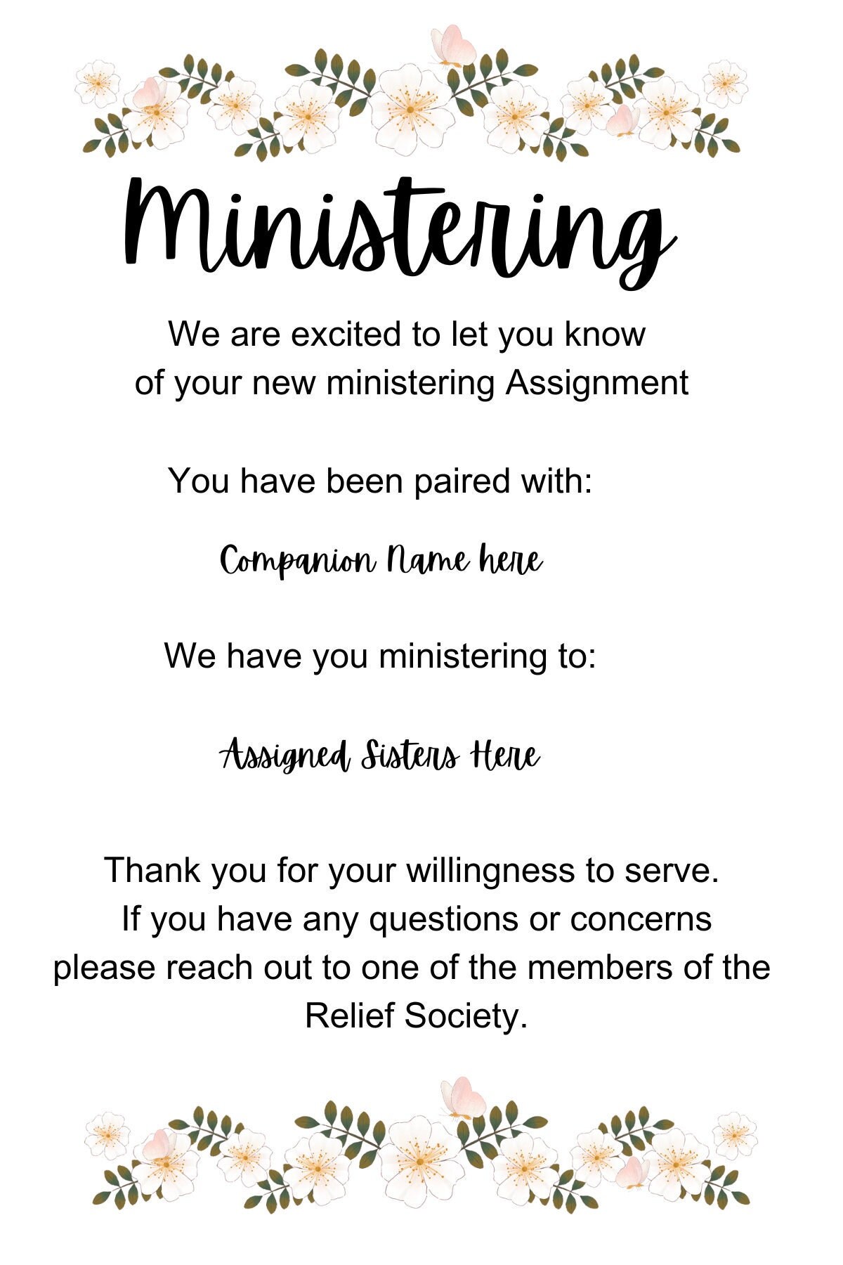 Editable LDS Ministering Assignment Card for Relief Society - Etsy