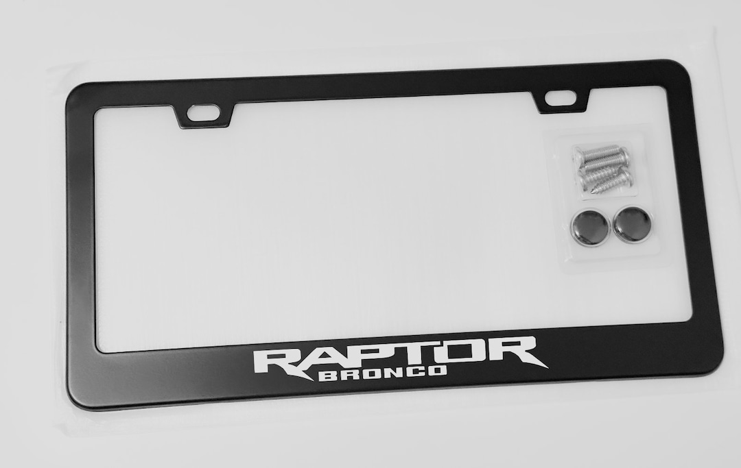 Reflective White Raptor Bronco Premium Black Metal License Plate Frame ...