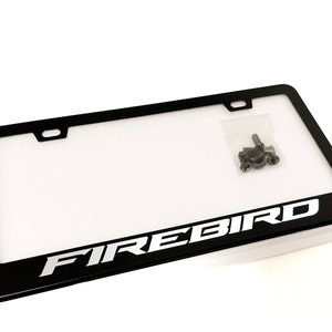 Pontiac Firebird REFLECTIVE WHITE Black Metal License Plate Frame Fits ...