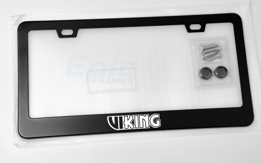 Reflective White Viking Performance on Black Metal License Plate Frame ...
