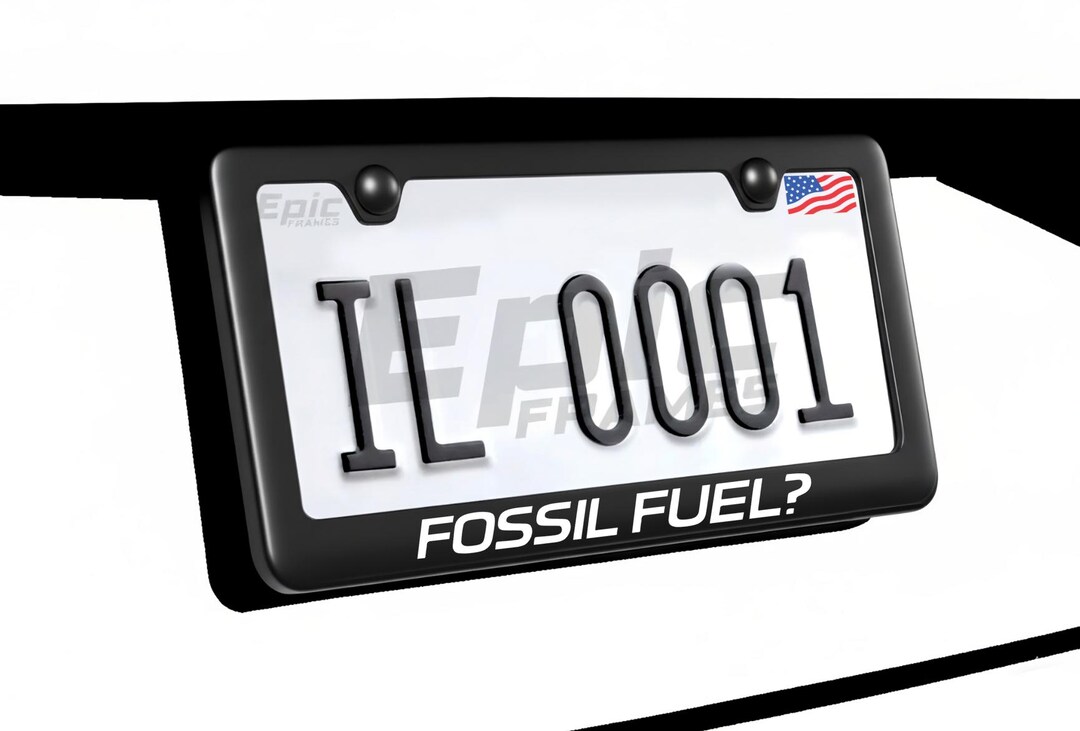FOSSIL FUEL License Plate Frame – Black Stainless Steel, White Text ...